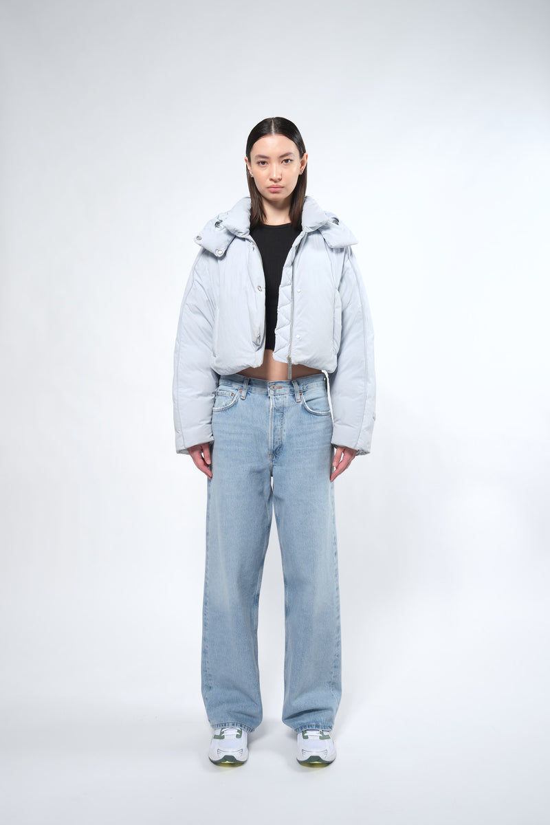 Re:Down® Crop Ice Blue Puffer Jacket with Hood – Adhere To